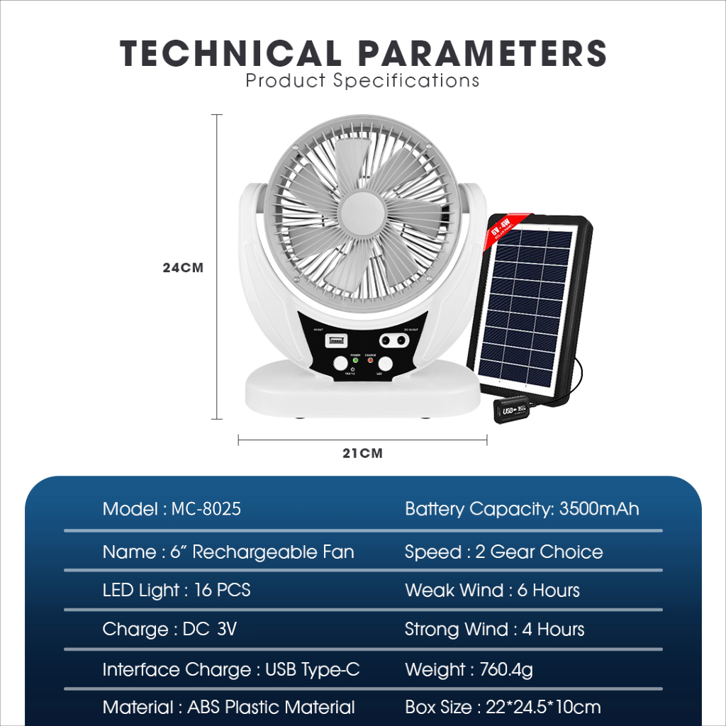 6inch USB rechargeable fan solar with electric fan air circulation fan ...
