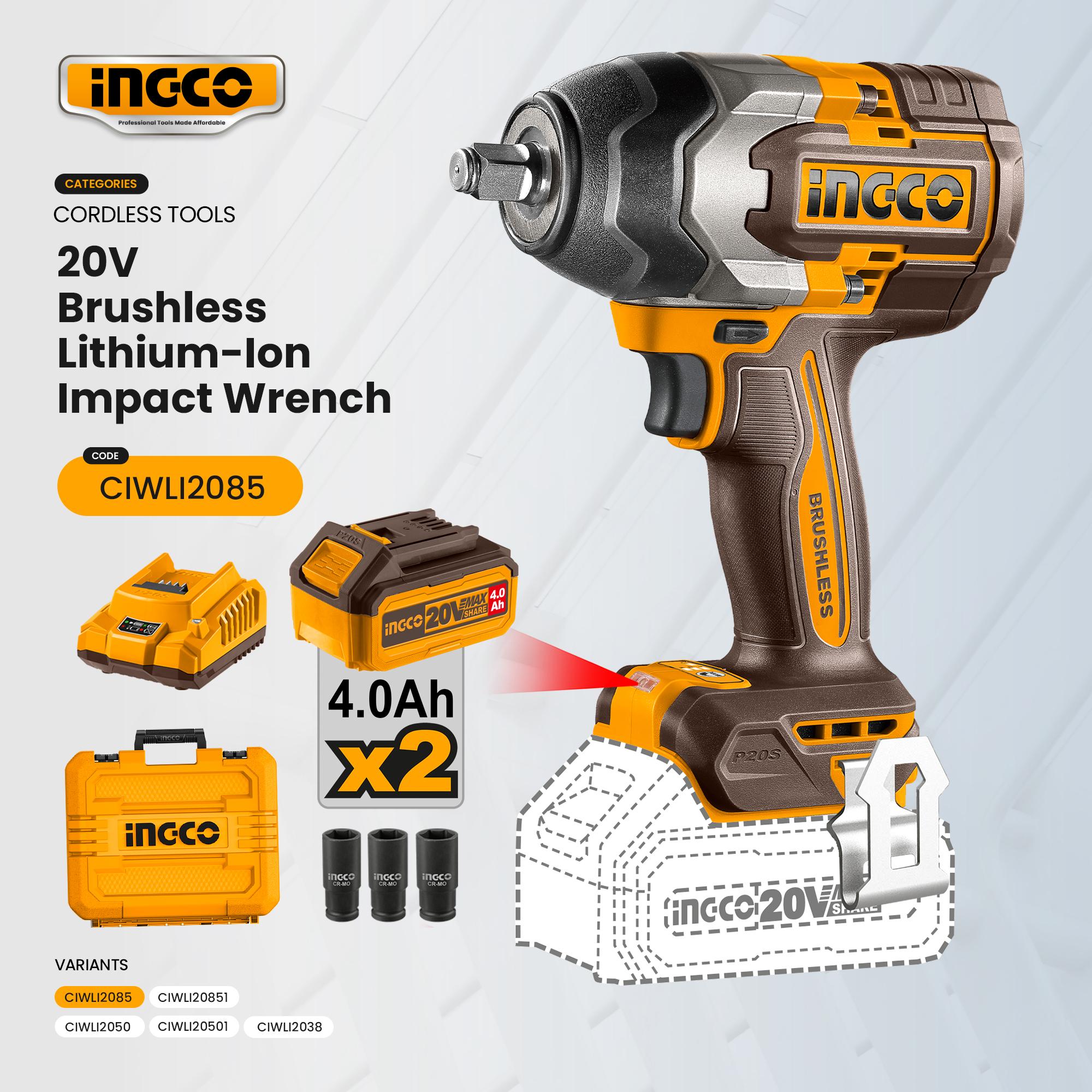 Ingco Cordless 20V Brushless Lithium-Ion Impact Wrench Power Tool For ...