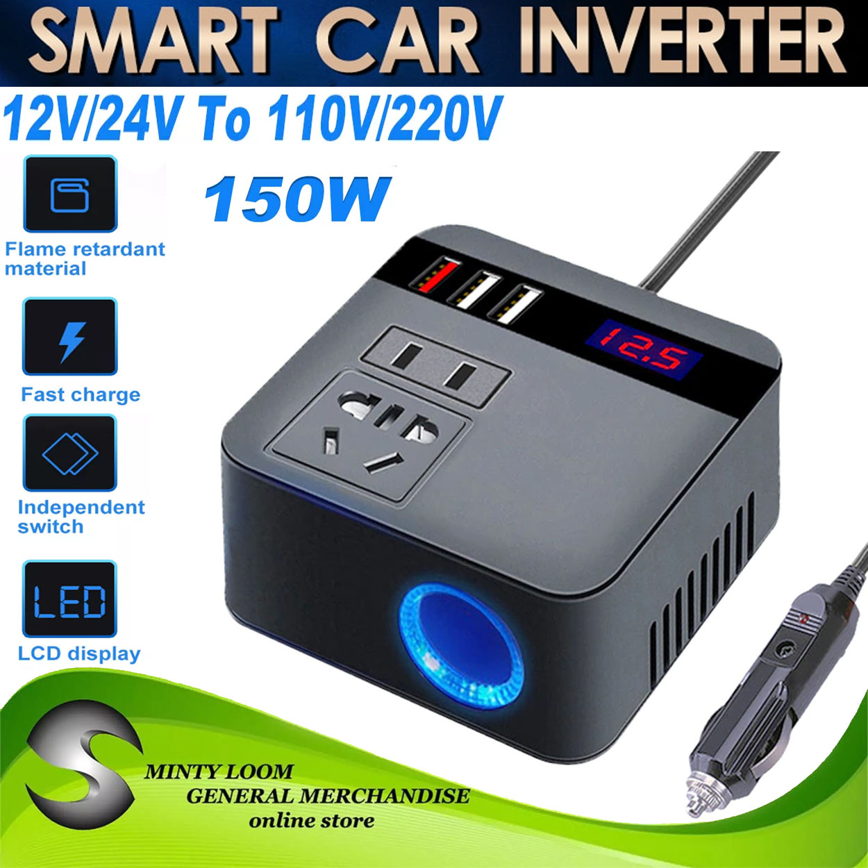 Car Inverter 150W Peak DC12V/24V to 110V/220V LED Display Sockets Power ...