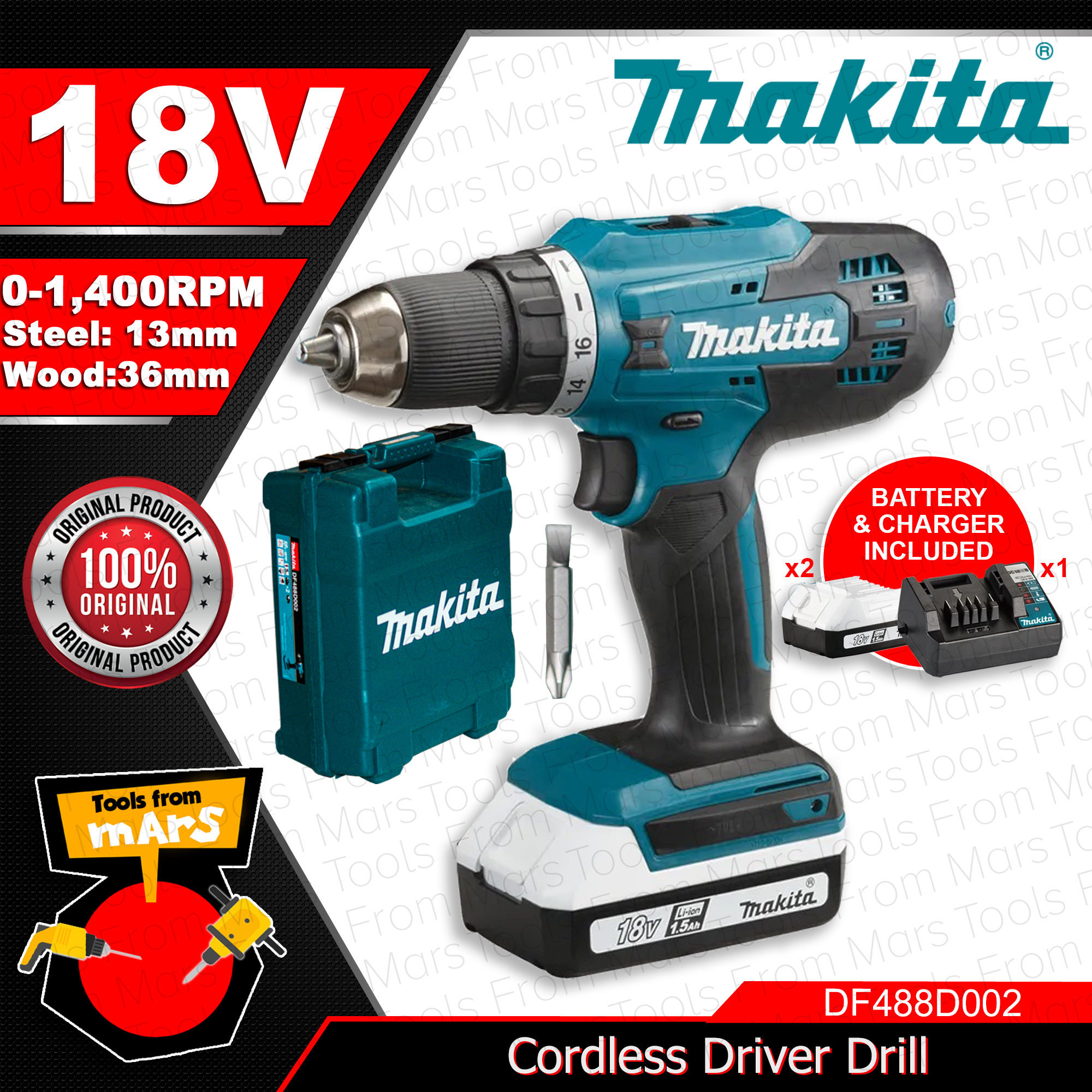 MAKITA Lithium-Ion Li-Ion Cordless Driver Drill 13mm (1/2") With 18V Li ...