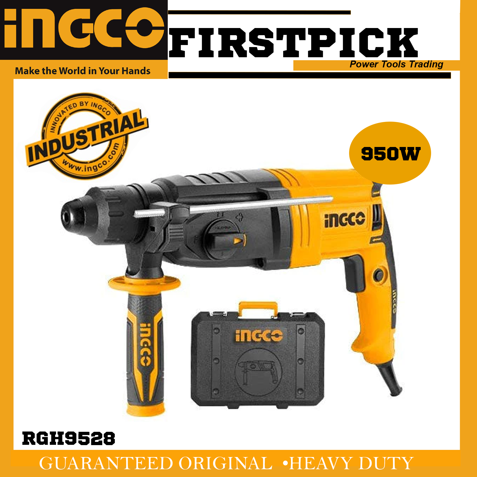 INGCO 950W SDS 28MM Rotary Hammer Drill with 3 Drills 2 Chisel and Case ...