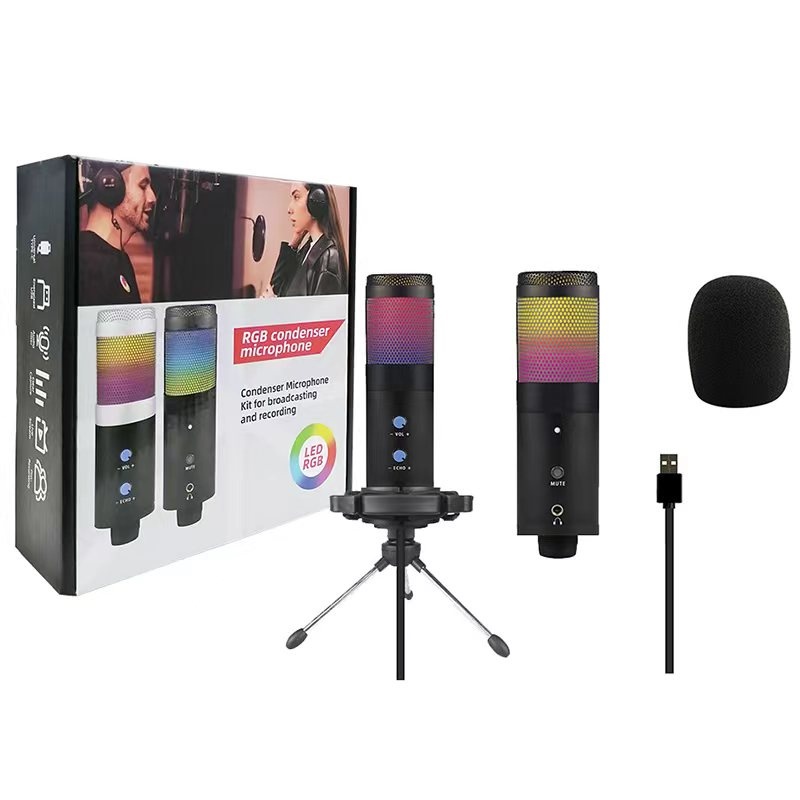 RGB USB Professional Microphone Condenser Gaming Mic Noise Cancellation ...