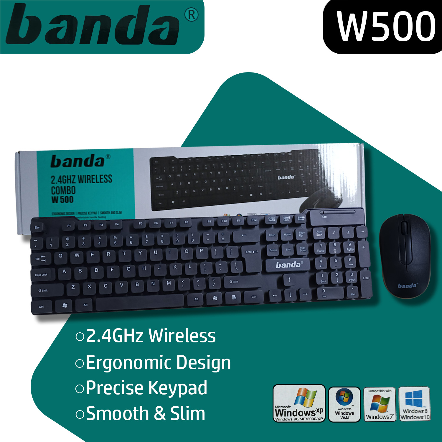Banda W500 2.4GHz Wireless Combo Keyboard and Mouse (Water proof and ...