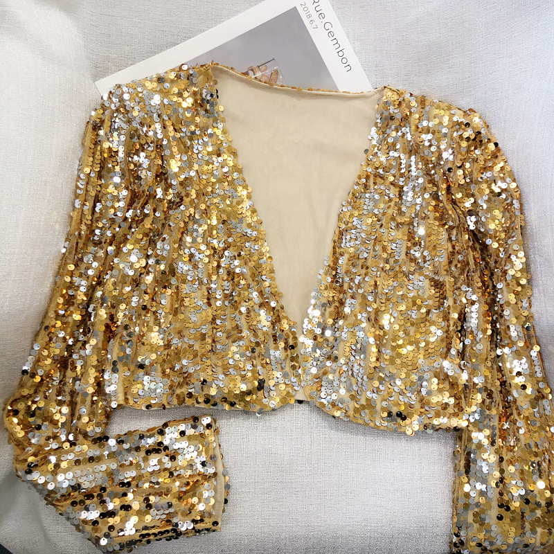 glitter jacket V neck gold cardigan outfit for women Long Sleeve ...