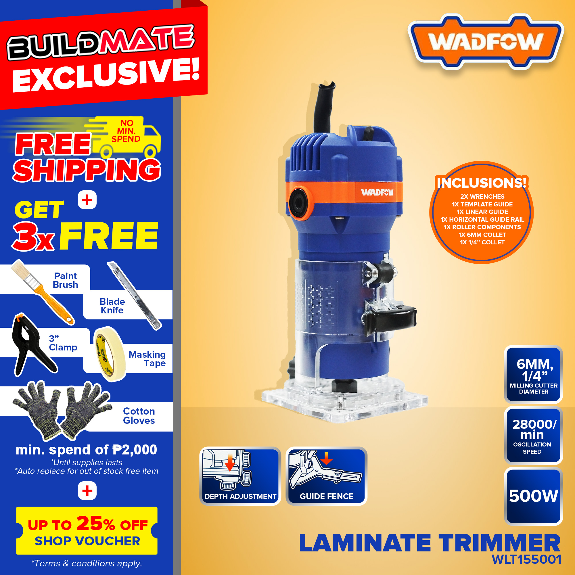 BUILDMATE Wadfow 500W Laminate Trimmer Engraving Wood Cutter Router ...