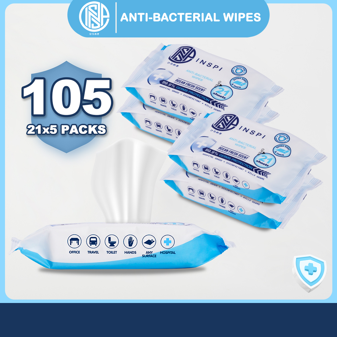 INSPI Basics Antibacterial Wipes 105 Sheets Pack of 5 Essential Daily ...
