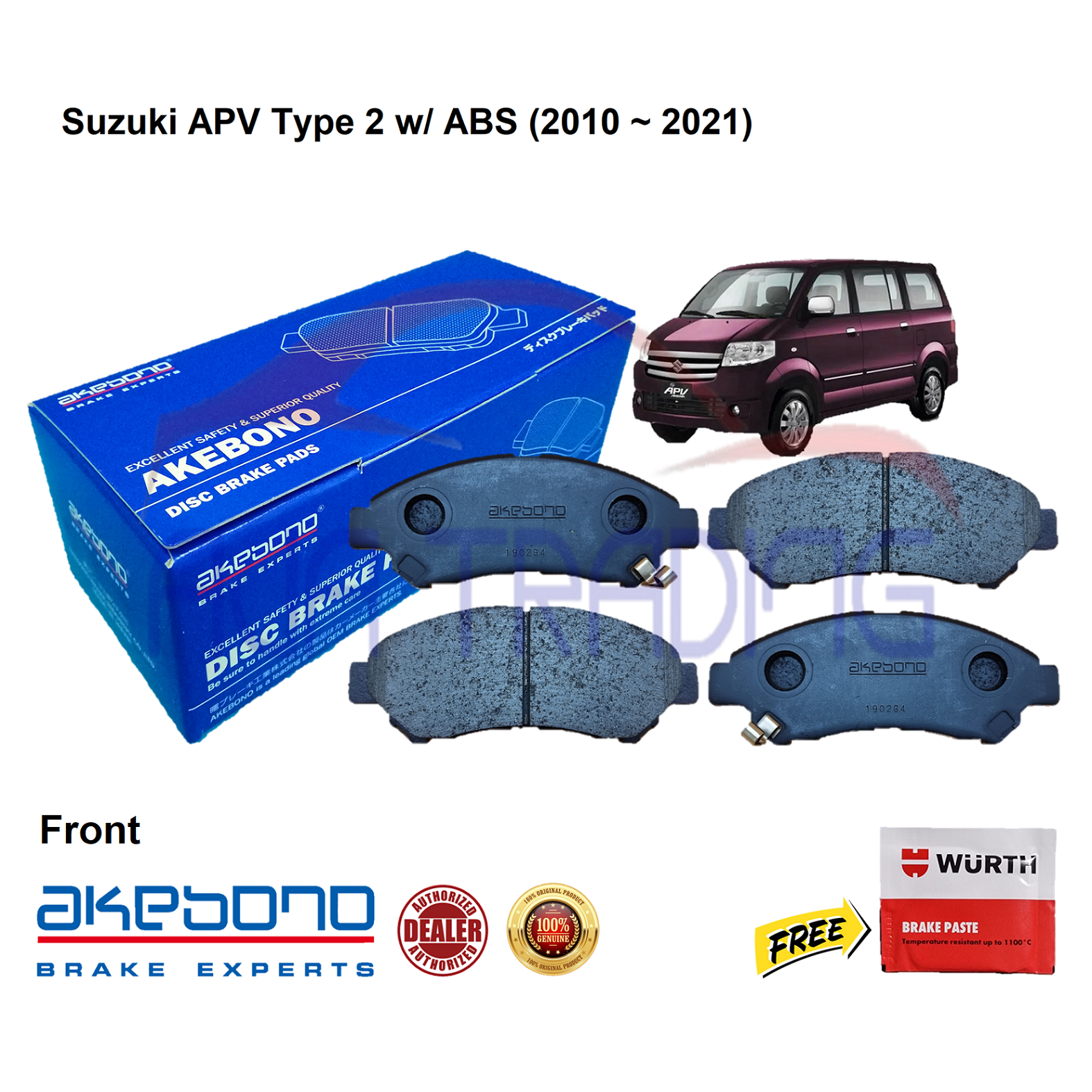 Genuine Akebono Front Brake Pads for Suzuki APV Type 2 w/ ABS (2010 ~ 2021) w/ free WURTH Brake ...