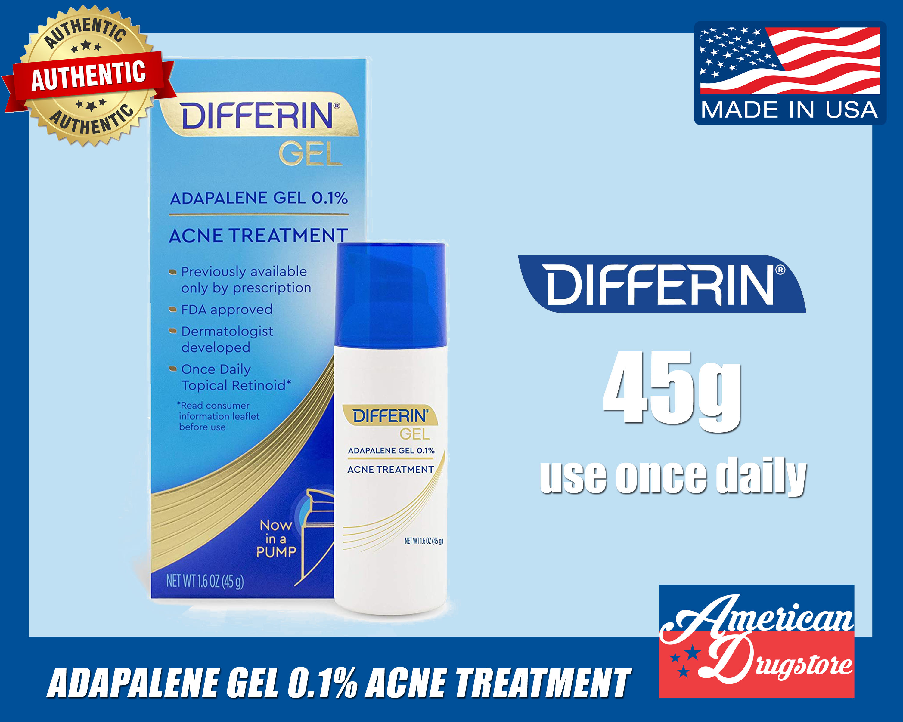 Differin Gel Adapalene Gel 0.1% Acne Treatment, Once Daily Topical ...