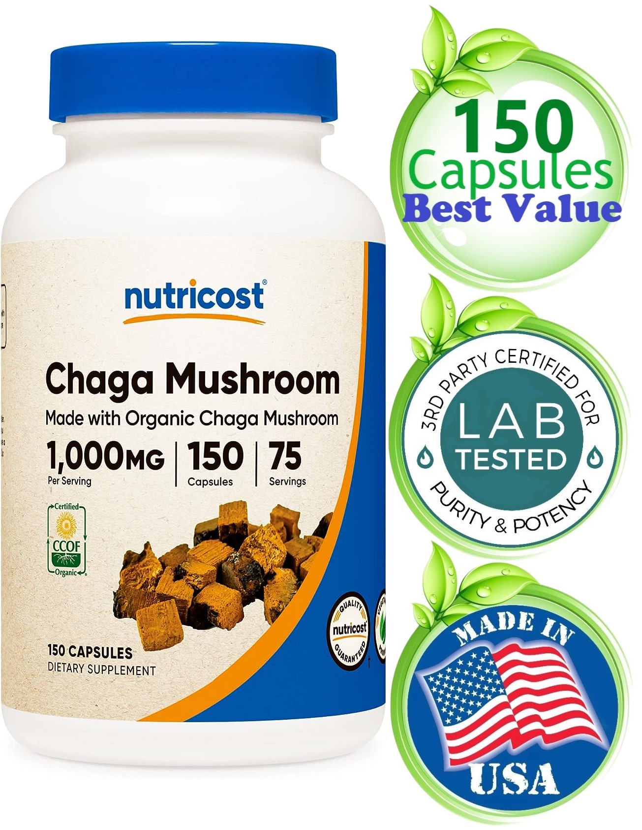 Real Chaga Mushroom 120 Capsules Organic Super Extract 1000mg Superfood ...