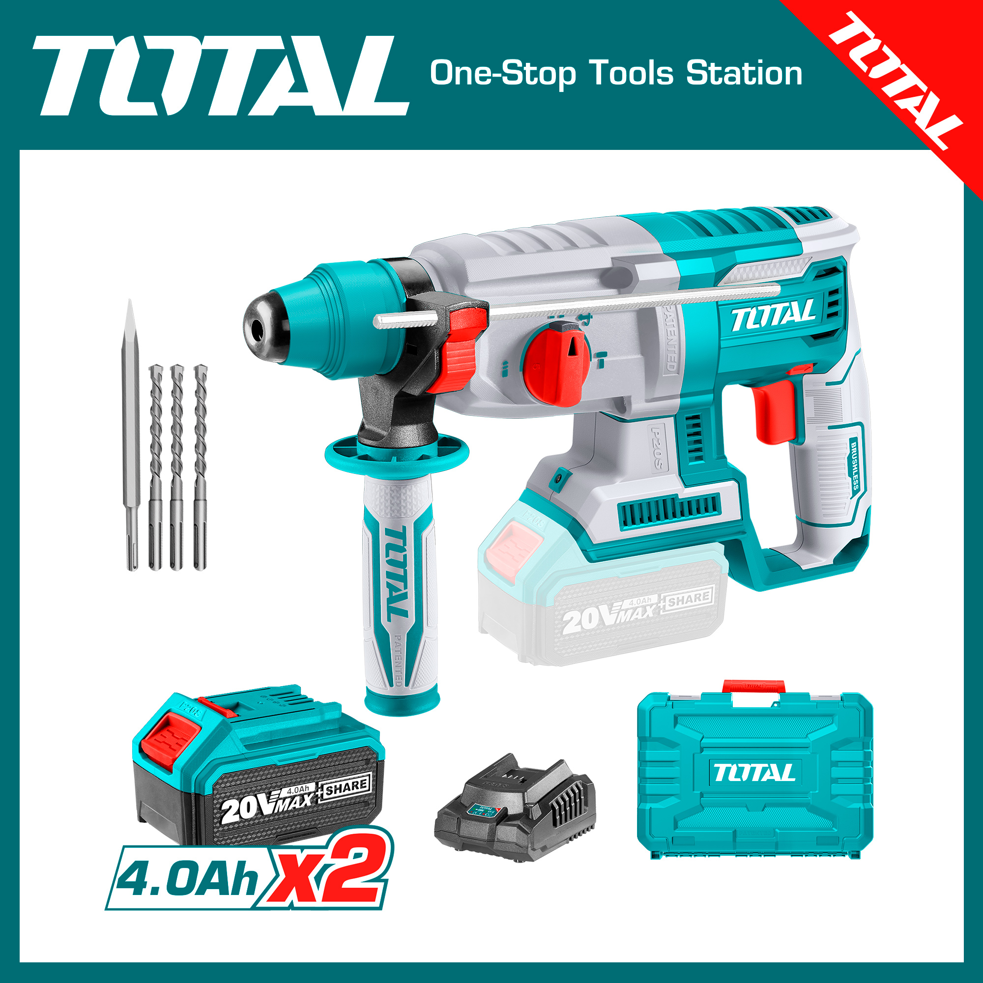 TOTAL TRHLI202287 Cordless Rotary Hammer 20V 2Pcs 4.0 Ah Batteries | 2J ...