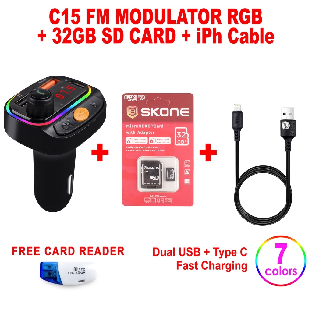 New 2023 FM Modulator Aux Dual USB w/ Type C Transmitter PD Charger RGB ...