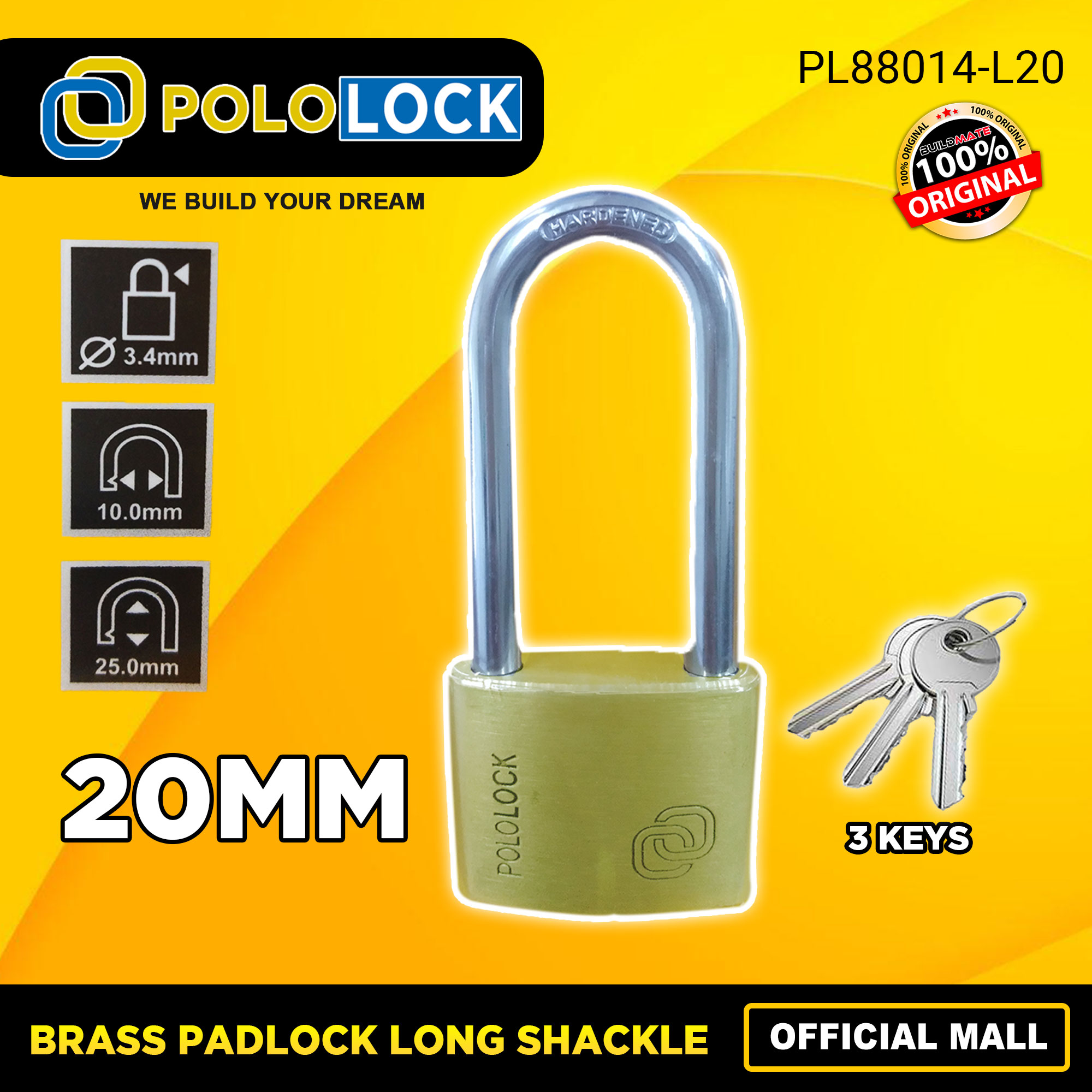 Pololock Heavy Duty Brass Padlock Long Shackle 20mm With 3 Keys Door ...