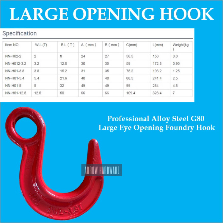1T-5.4T Hook Large opening Hook Professional Alloy Steel G80 Large Eye ...