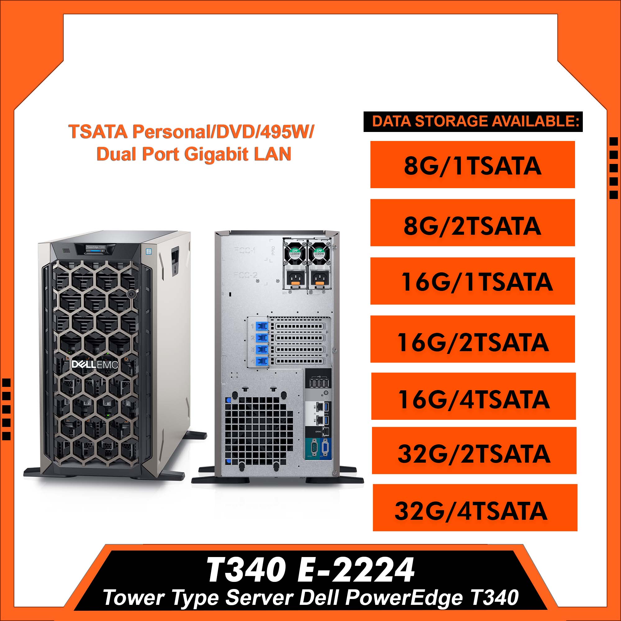 Tower Type Server Dell PowerEdge T340 E-2224/DVD/495W/ Dual Port ...