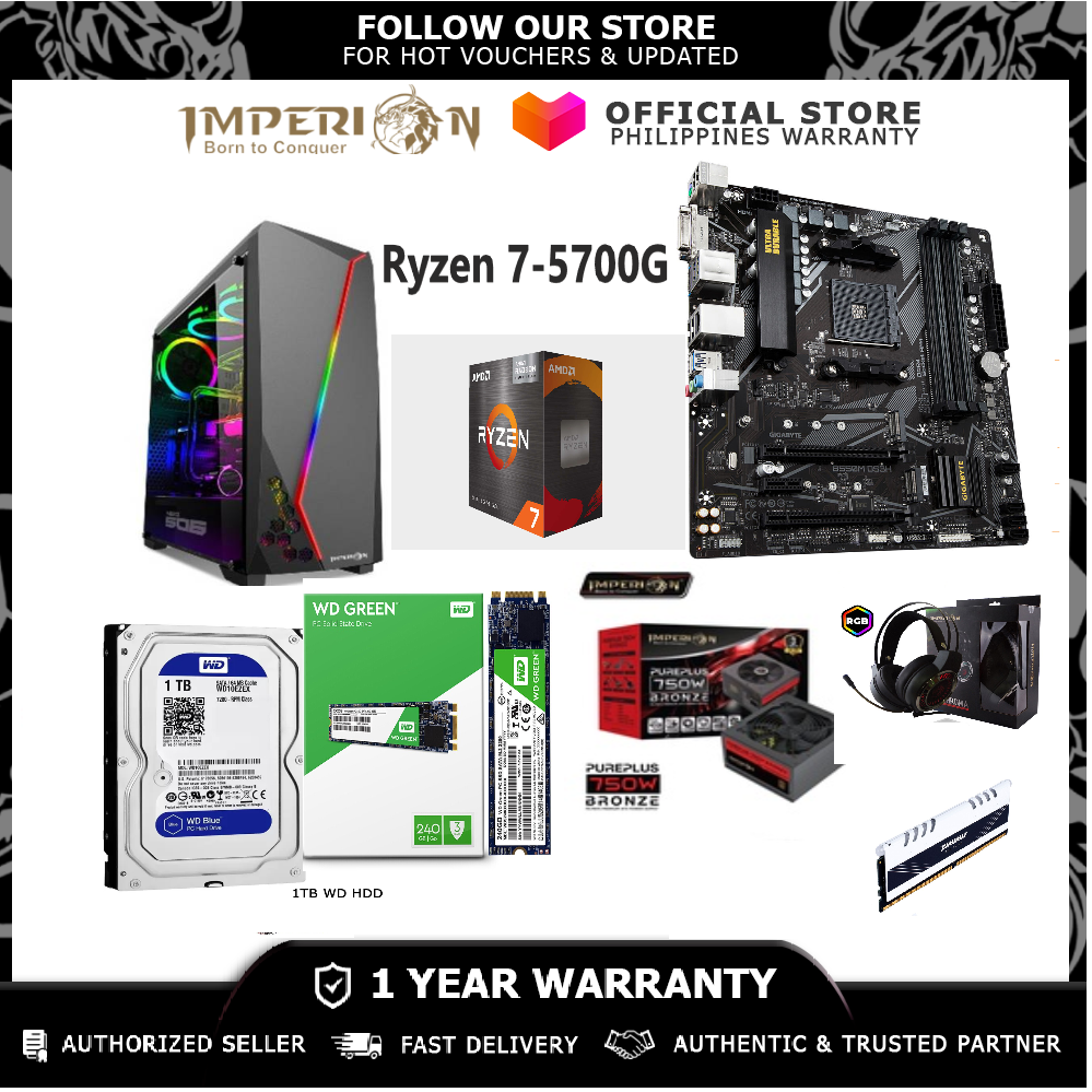 IMPERION Gaming Computer Desktop AMD Ryzen 7 5700G 8-Core, 16-Thread ...