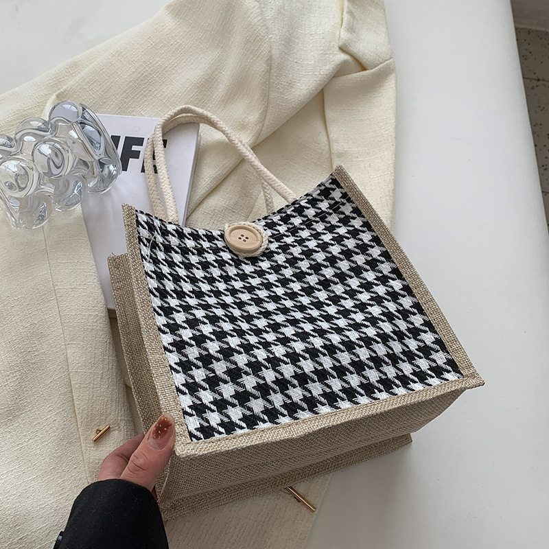Houndstooth Pattern Canvas Tote Bag Portable Storage Handbag Button ...