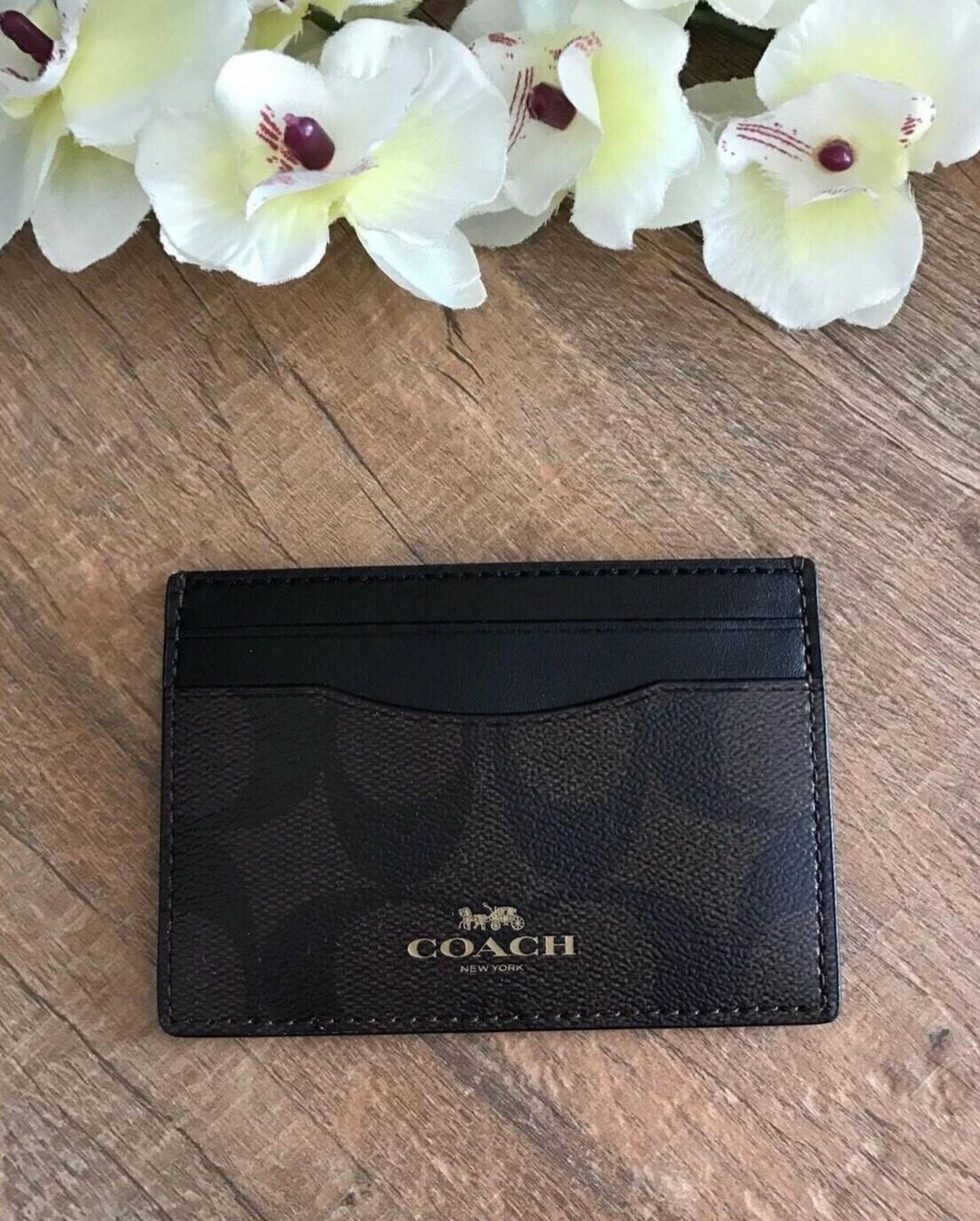 Coach F63279 Mini Card Case in Brown Signature Coated Canvas with Black ...