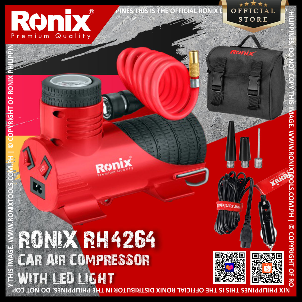 Ronix RH-4264 Mini air compressor pump and motor for true 100 PSI capability high-efficiency LED ...