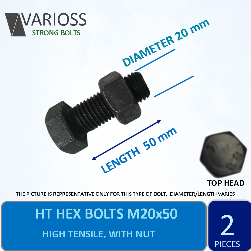 HT Hex Bolts M20x50, high tensile 20 mm diameter x50 mm length with nut ...