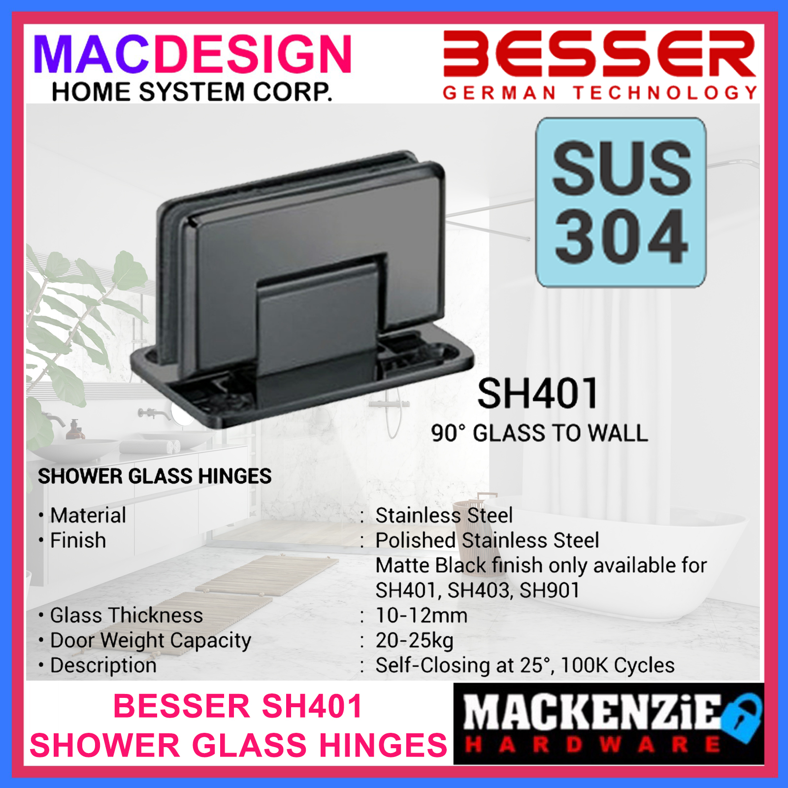 BESSER SH401MBLK SHOWER GLASS HINGES MACDESIGN HOME (OFFICIAL SELLER ...