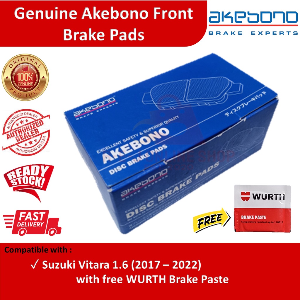 Genuine Akebono Front Brake Pads for Suzuki Vitara 1.6 (2017 - 2022) - w/ free WURTH Brake Paste ...