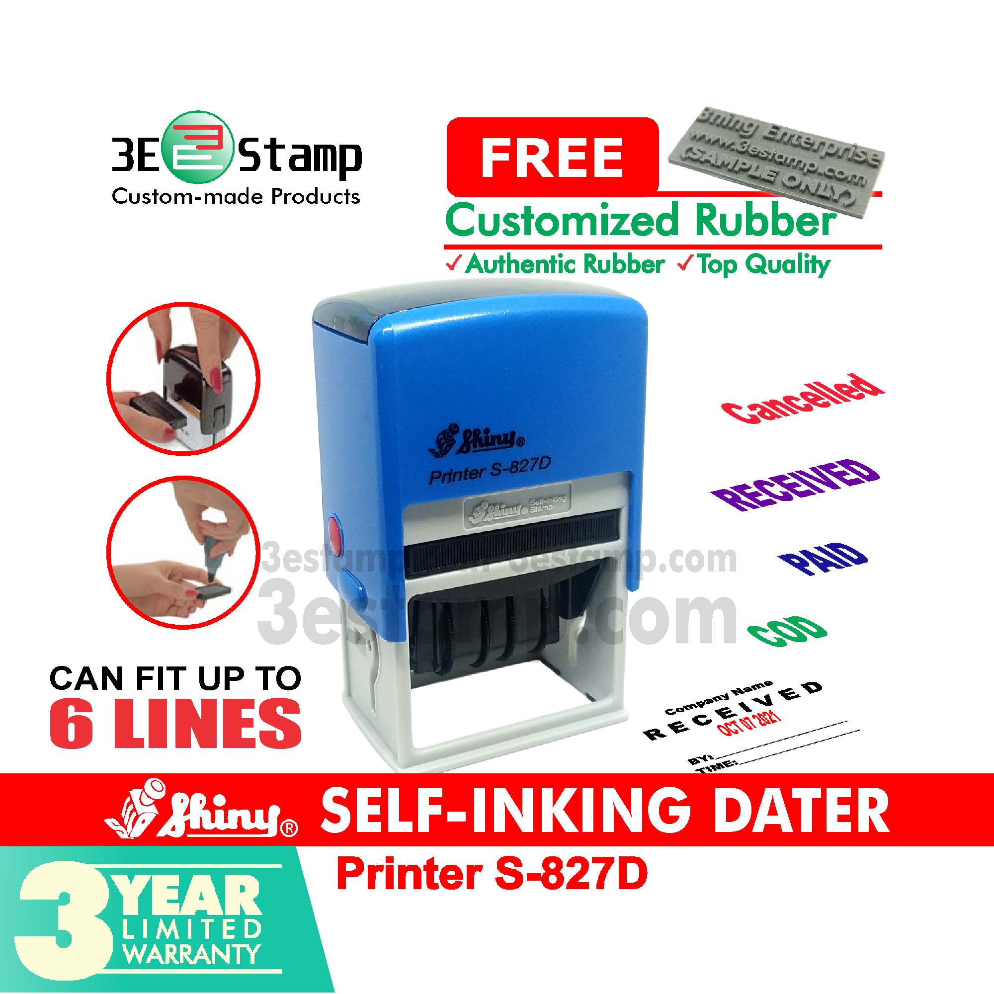 【3E Stamp】 Shiny 827D / S827D / S-827D Self inking Dater Stamp for ...