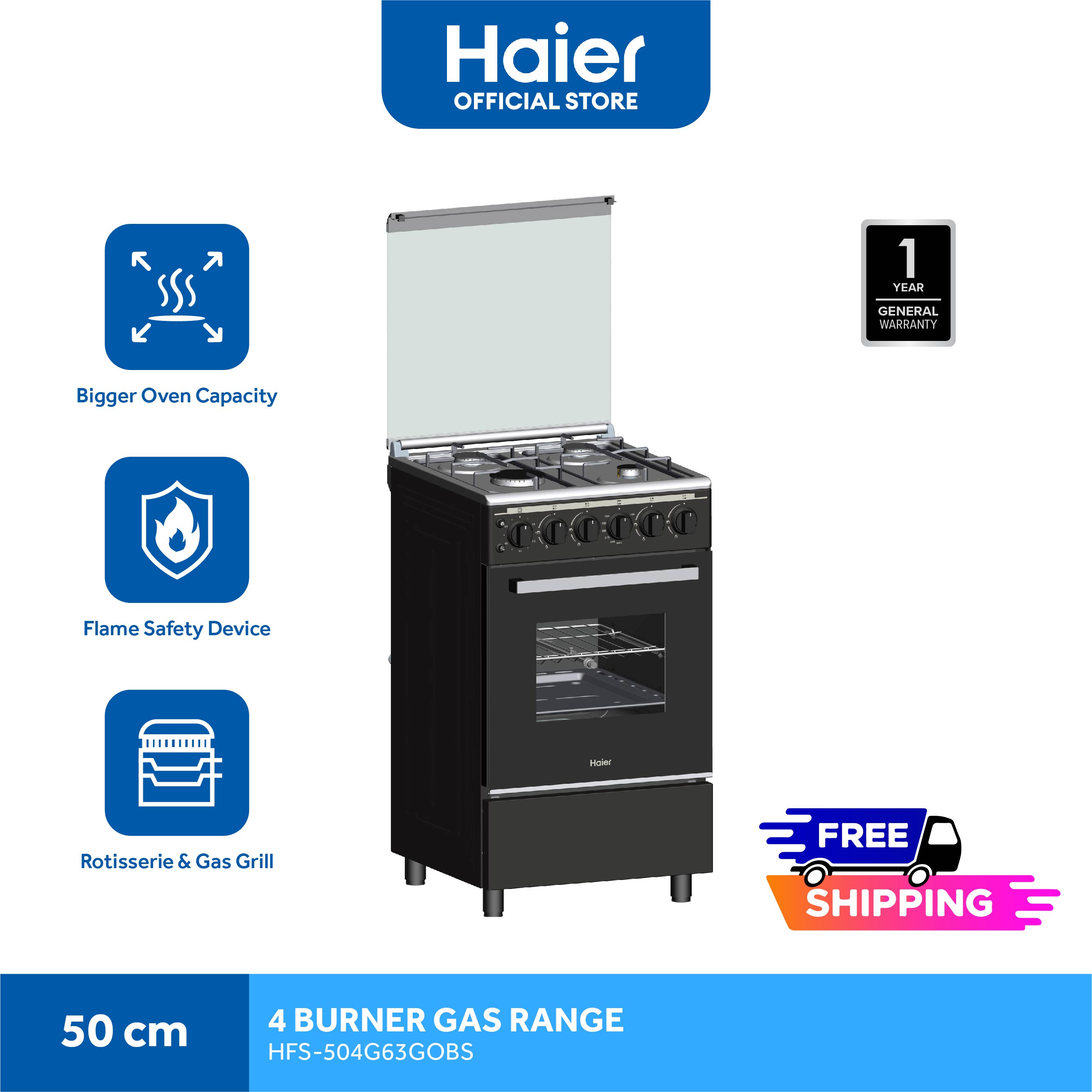 Haier HFS-504G63GOBS 50cm Gas Range 4 Burners with 63L Double Burner ...