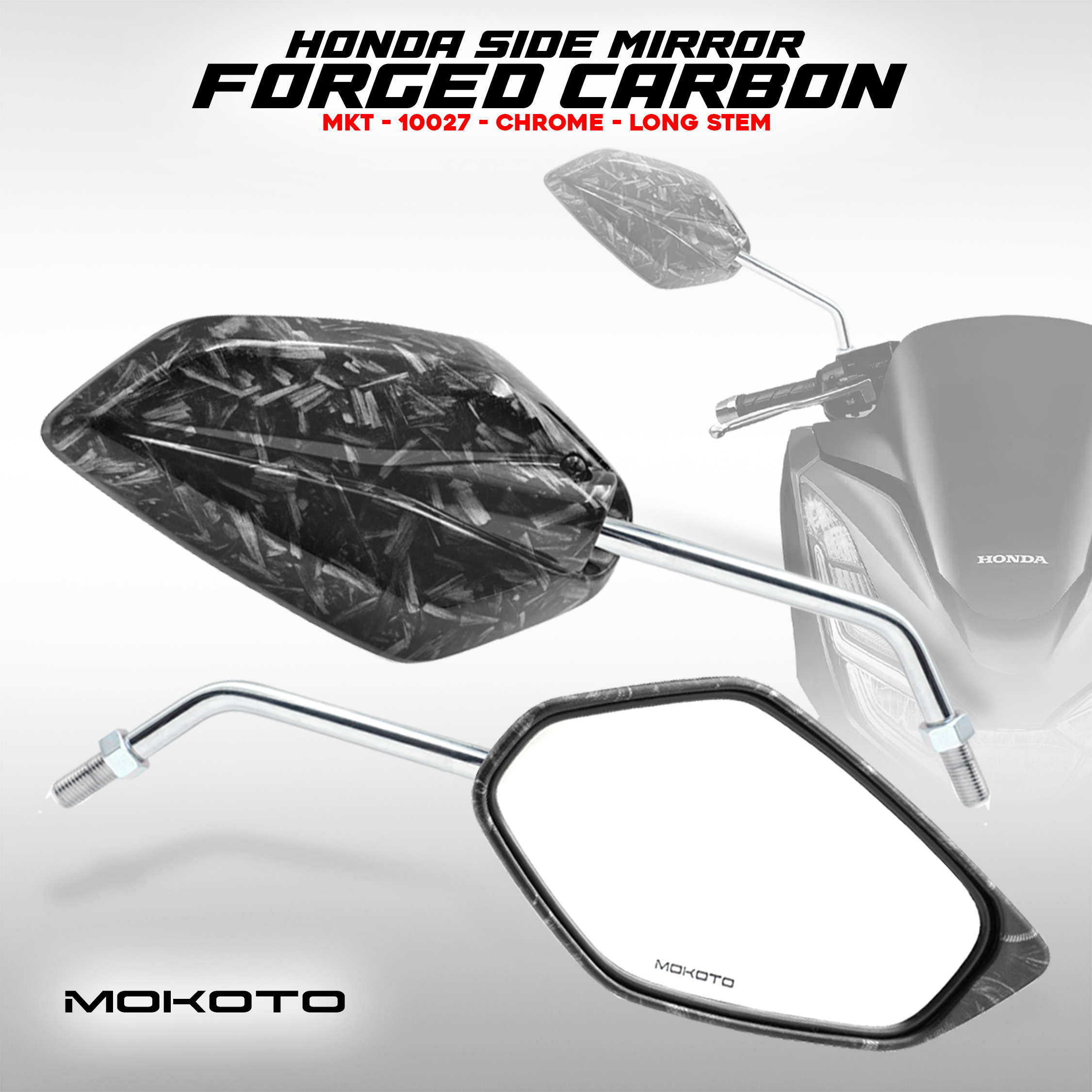 MOKOTO FORGED CARBON SIDE MIRROR HONDA YAMAHA CHROME LONG STEM 10MM ...
