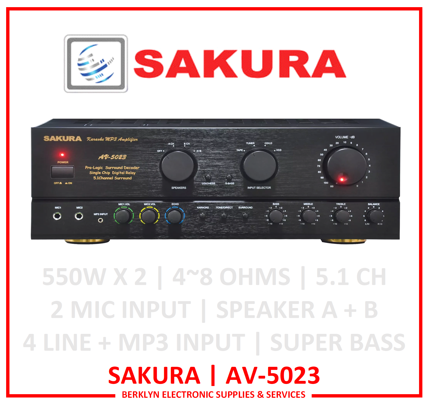 SAKURA AV-5023 / 5.1CH KARAOKE AMPLIFIER / 550W X 2 / SPEAKER A + B / CENTER / SURROUND / SUPER ...