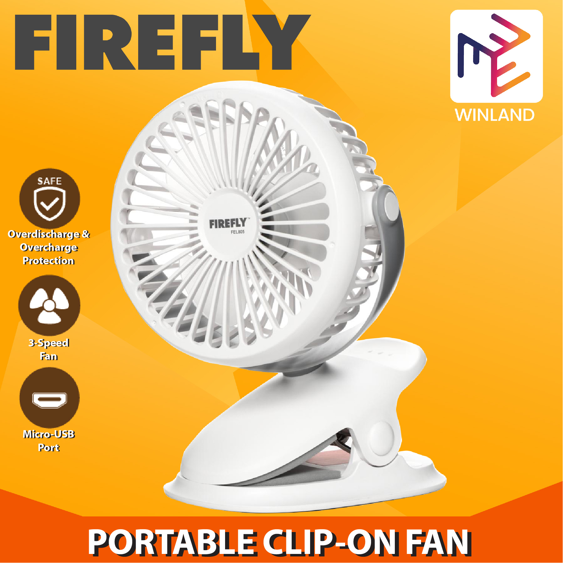 FIREFLY by Winland 3-speed Rechargeable Portable Clip-on Fan Car Fan ...