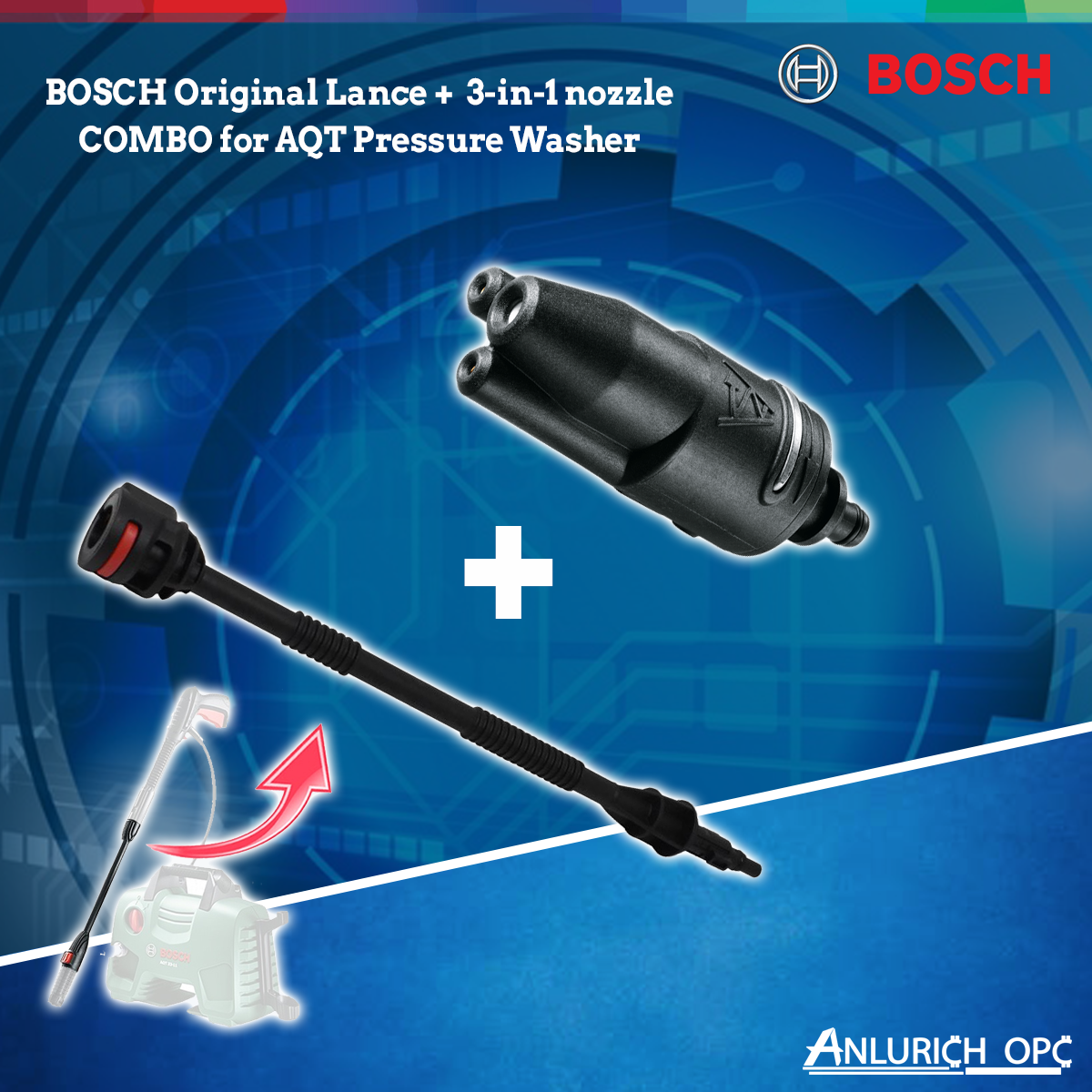 BOSCH Original Lance + 3-in-1 nozzle COMBO for AQT Pressure Washer ...