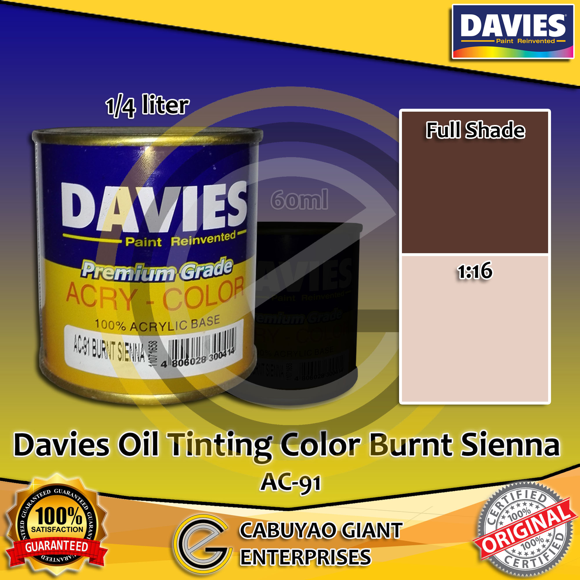 Davies Acry-Color 100% Acrylic Base AC-91 Burnt Sienna [ 1/4 liter ...