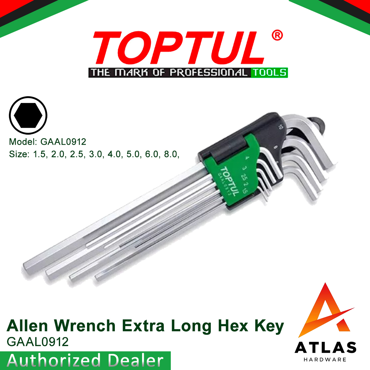 •Toptul• HEAVY DUTY Allen Wrench Extra Long Hex Key 1.5-10mm GAAL0912 ...
