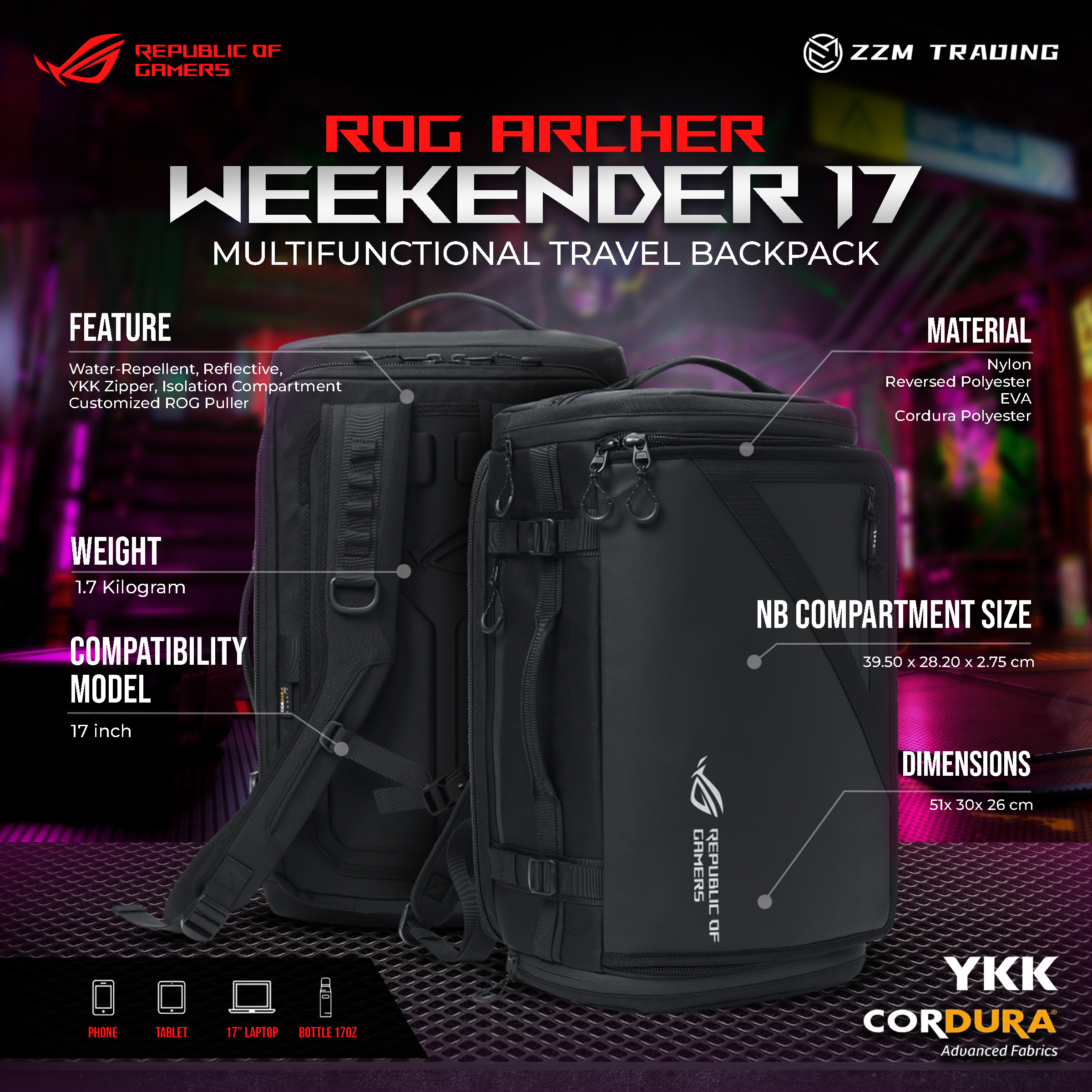 Asus ROG Archer Weekender 17 BP2703 High capacity Multifunctional ...