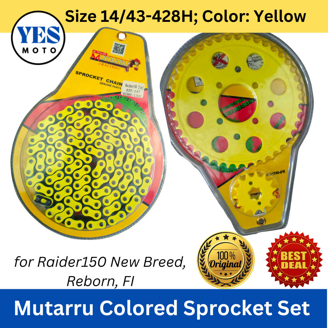 Mutarru Colored Chain and Sprocket Set 14/43-428H Yellow For Suzuki ...