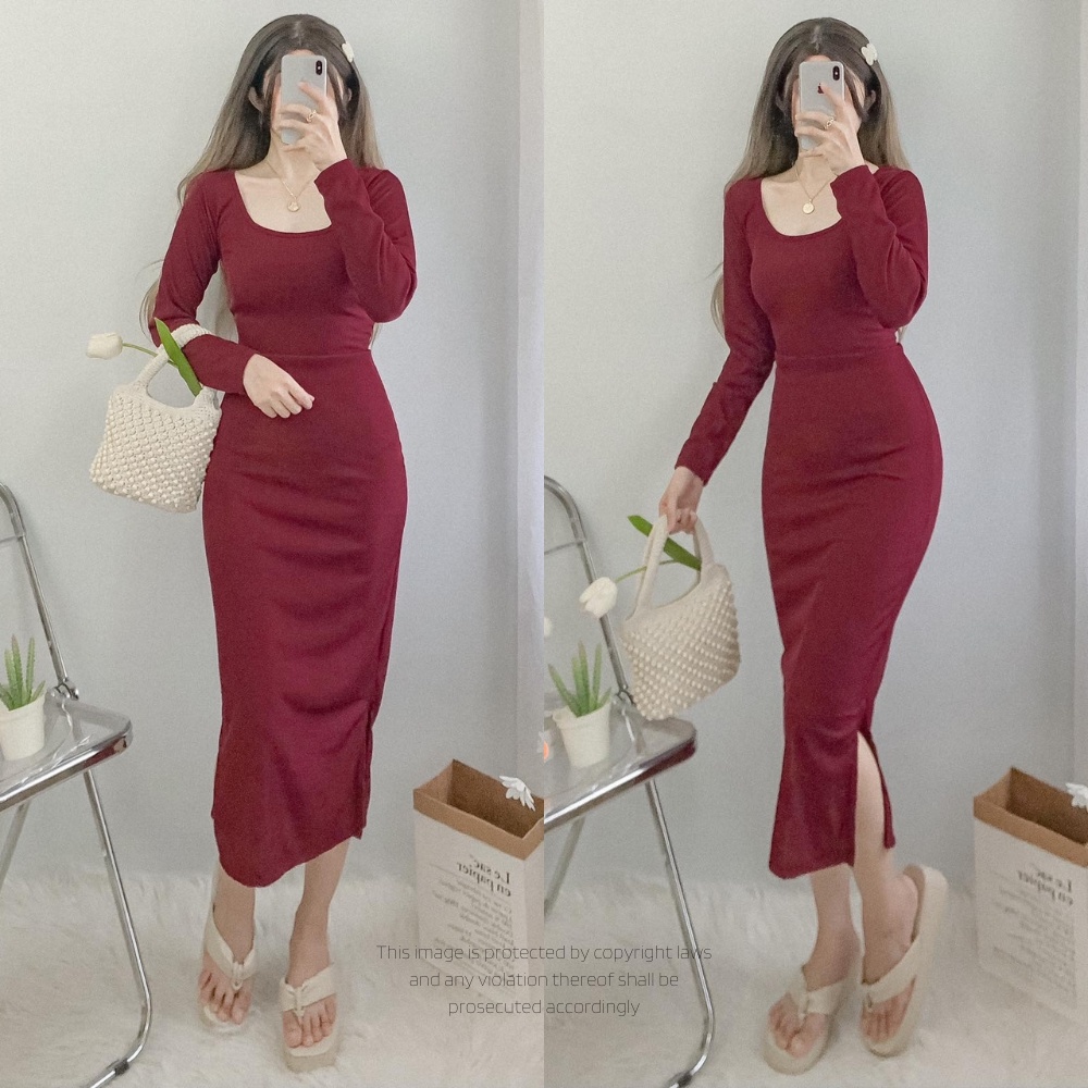 ERIN BASICS CLARISSA Square-neck Long Sleeve Midi Dress w/ Side Slit ...