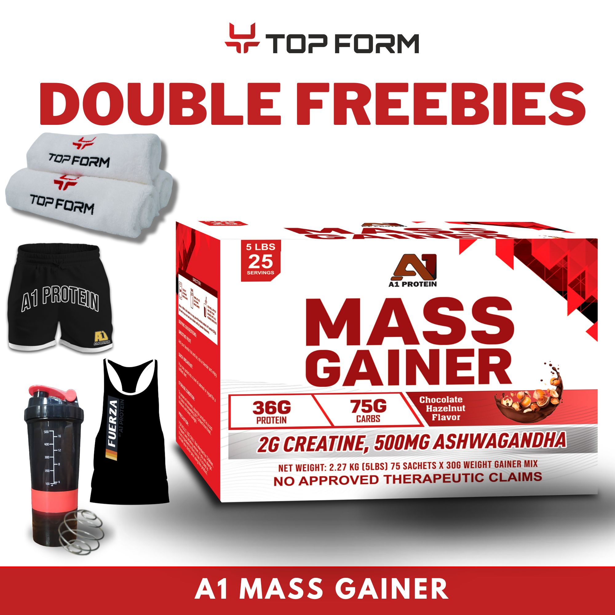 A1 PROTEIN Mass Gainer 5LBS ( 2270g ) -75 sachets with shirt or shaker ...