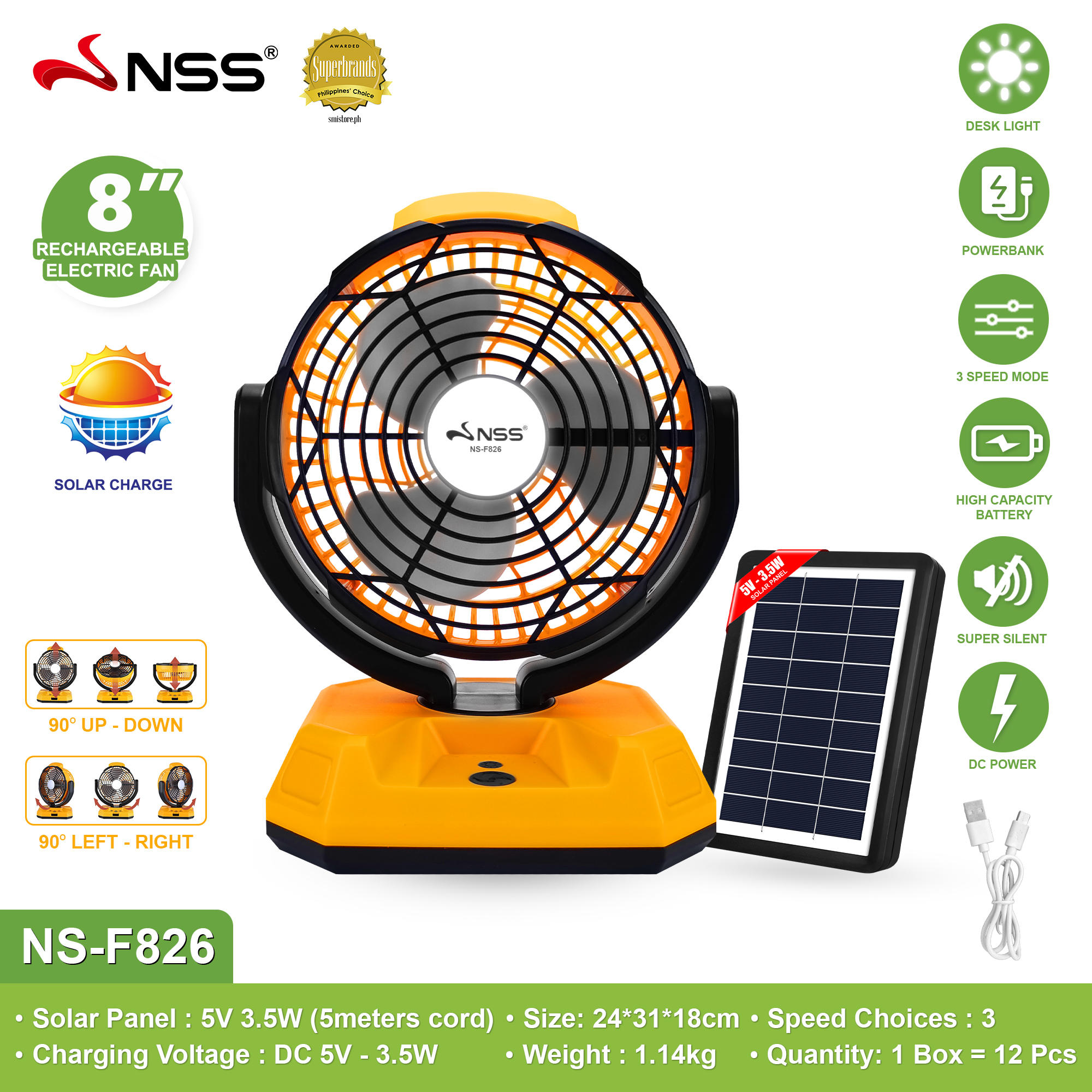 Nss original solar electric fan 8 inch portable rechargeable stand fan ...