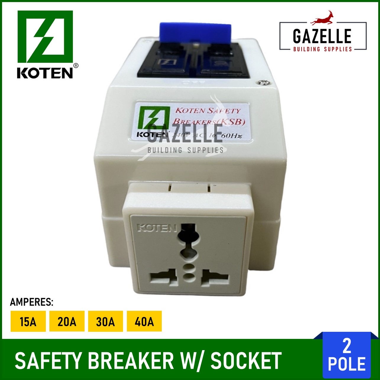 Koten Safety Breaker with Socket KSB-S 2 Pole 15A / 20A / 30A / 40A | Lazada PH