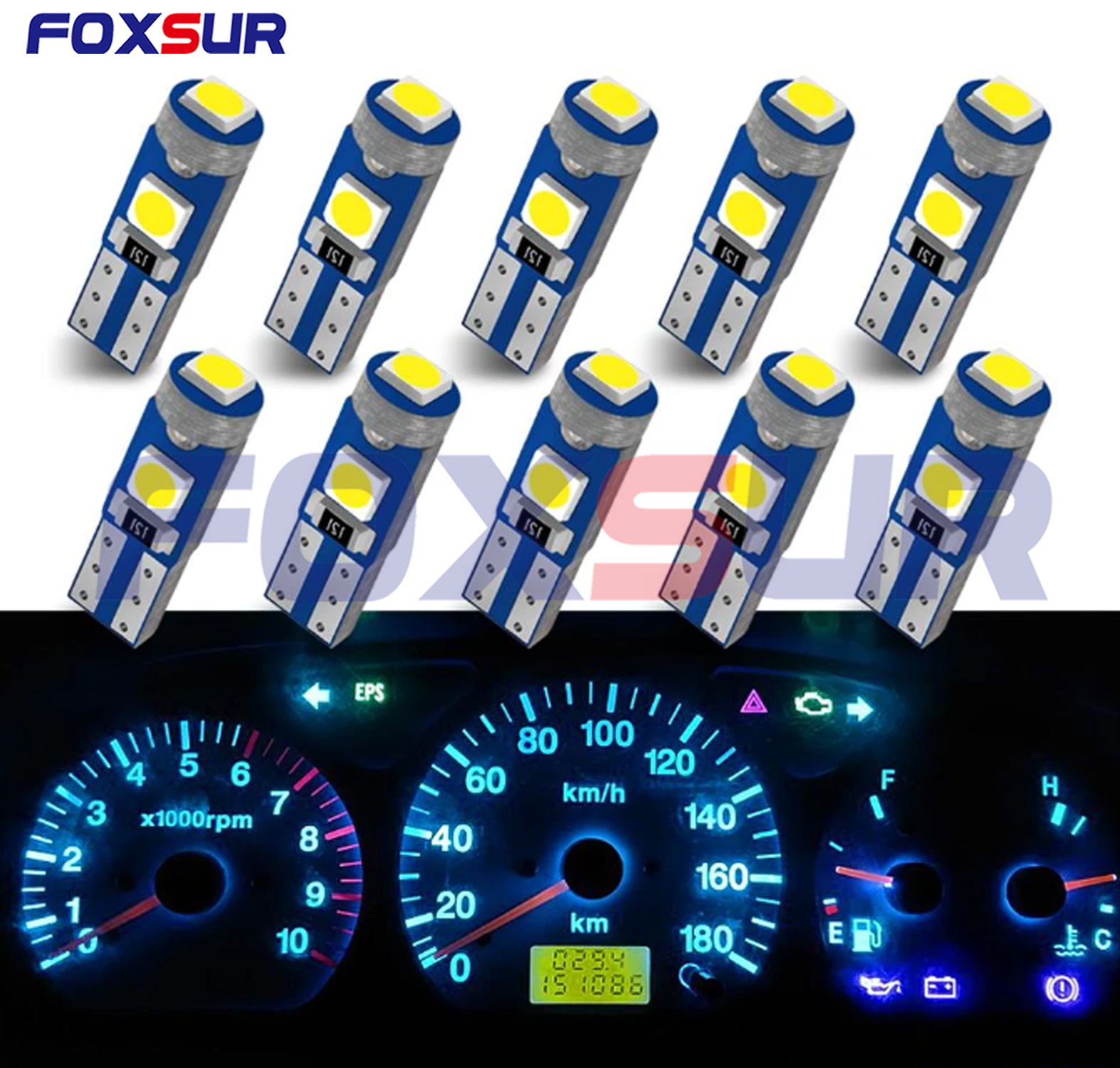 FOXSUR 10Pcs T5 LED Bulb Car Instrument Lamp W3W W1.2W 12V Led Canbus Lights Dashboard Warming ...