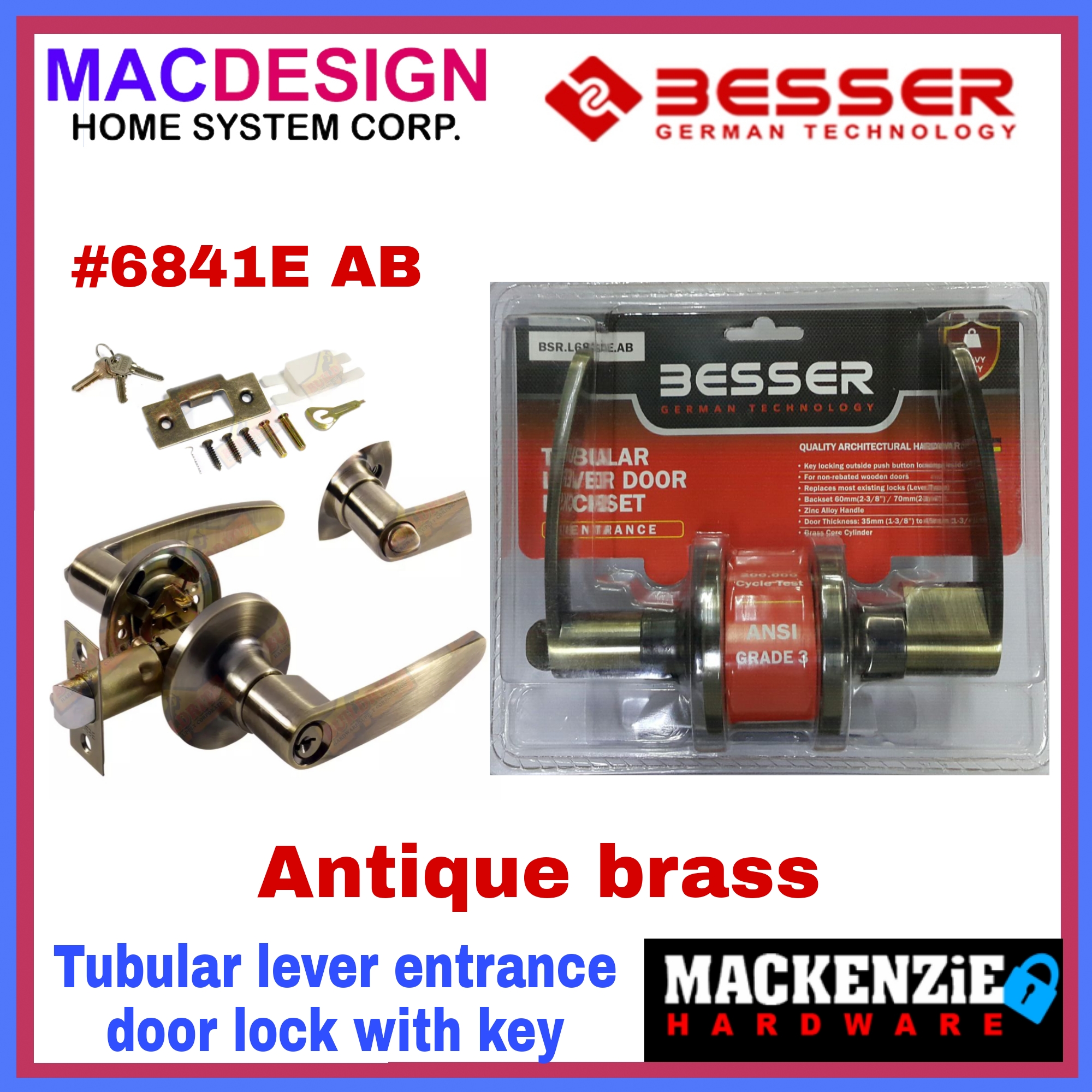 BESSER L6841E WITH KEY ENTRANCE TUBULAR LOCKSET ANTIQUE BRASS MACDESIGN ...