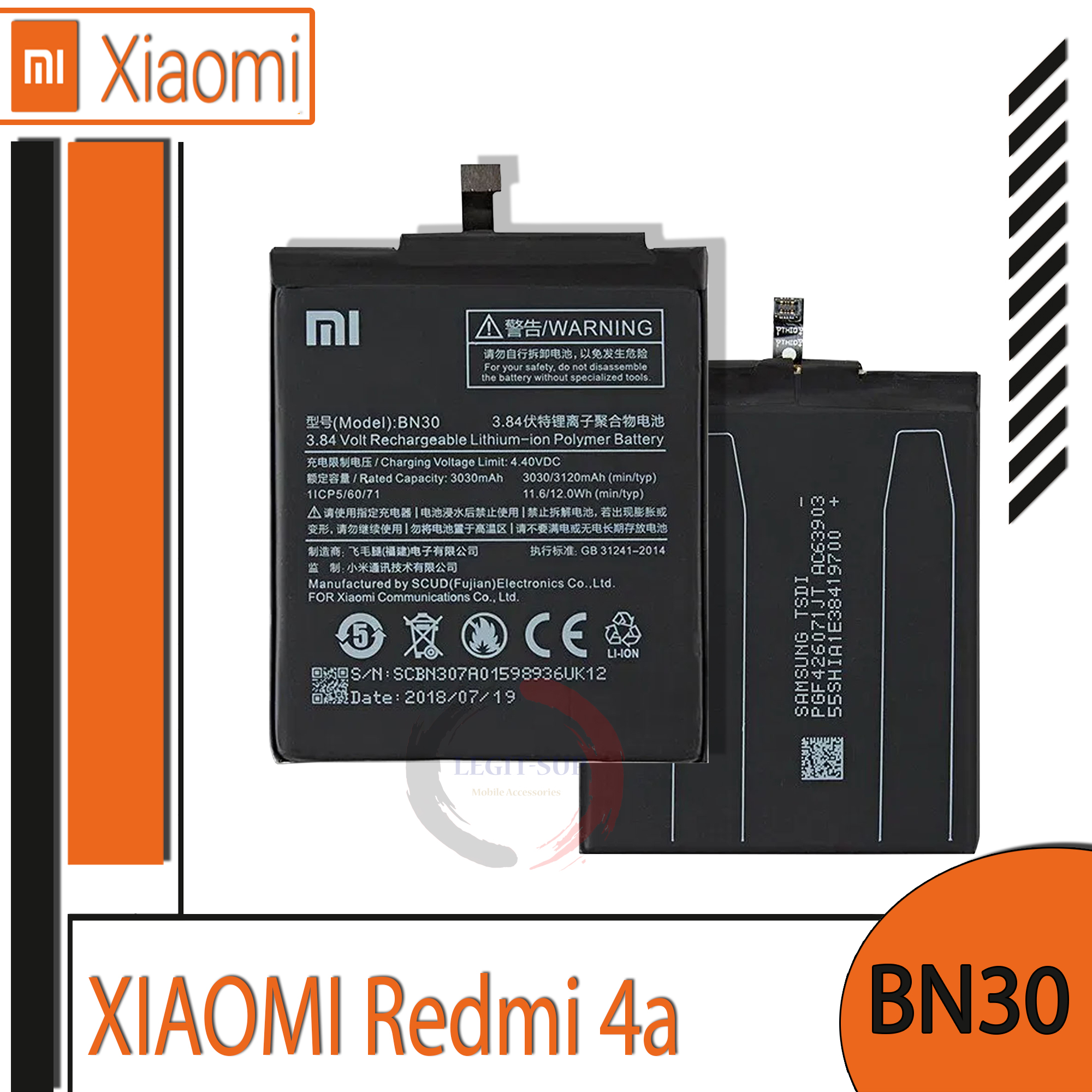 XIAOMI Redmi 4a Battery, Model: BN30 (3120mAh) Original Equipment ...