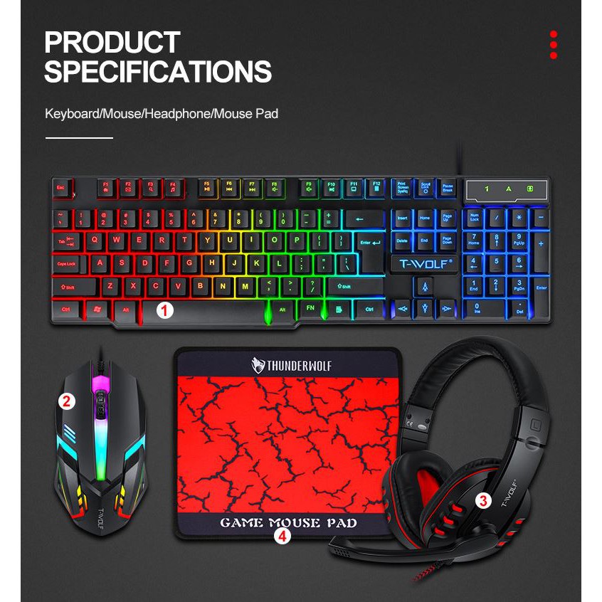 rakk keyboard T-Wolf TF800 4Pcs Gaming Devices Set 104 Keys LED Backlit ...