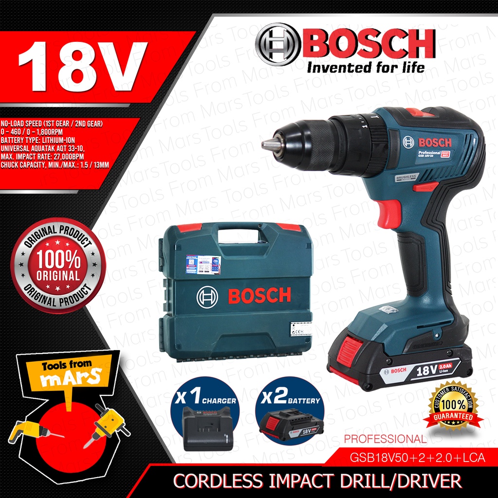 BOSCH Professional Cordless Impact Drill / Driver 18V GSB 18V50 +2+2.0 ...