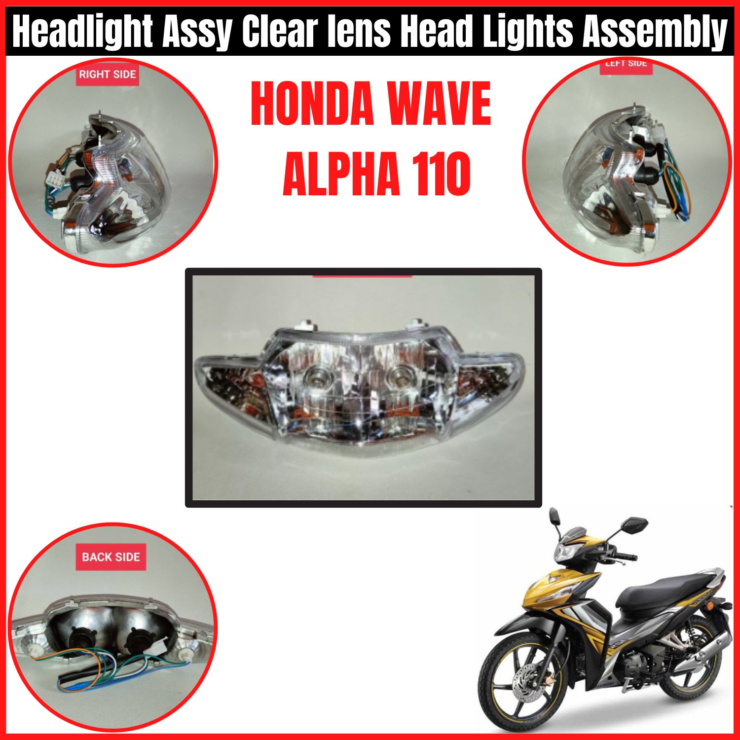 HONDA WAVE ALPHA 110 Headlight Assy Clear lens Head Lights Assembly ...
