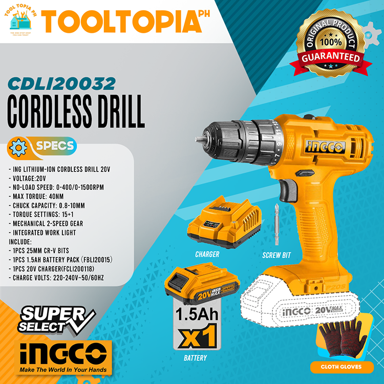 Ingco CDLI20032 P20S/20V Fast Charging Lithium-Ion Cordless Drill High ...