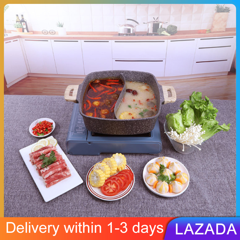2 In 1 square pot with Lid, 28CM Two-Flavor Hot Pot for Family Dinners ...