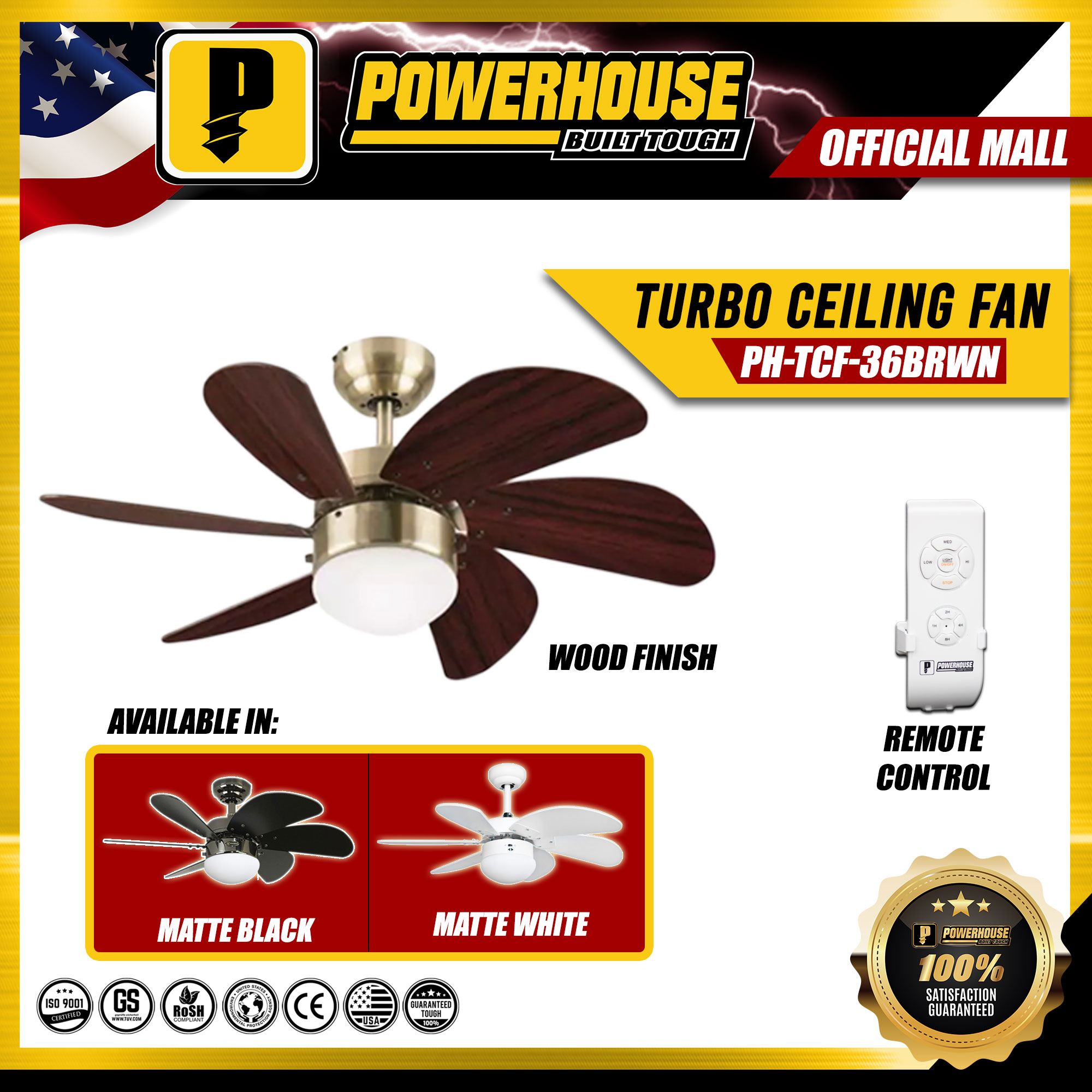 Powerhouse Turbo Ceiling Fan AC Motor 36in with Led Bulb W/ Remote ...