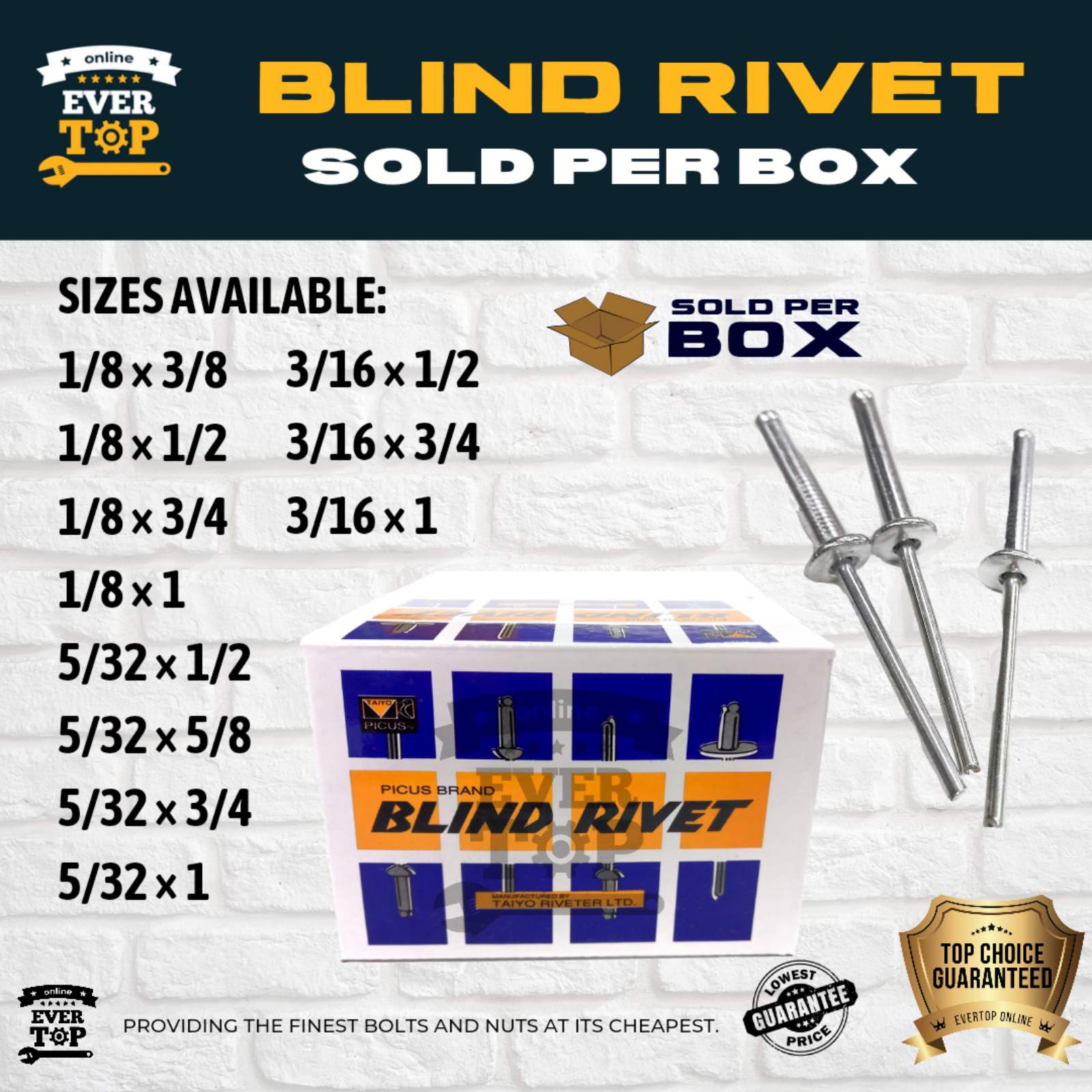 BLIND RIVETS (SOLD PER BOX) | 1/8 | 5/32 | 3/16 EverTop Online | Lazada PH