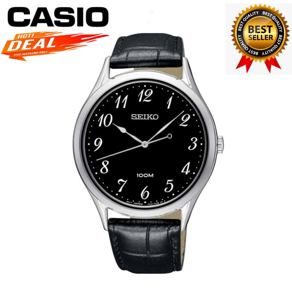 Seiko SGE Quartz Analog Classic All Black Leather Strap Watch for Men ...